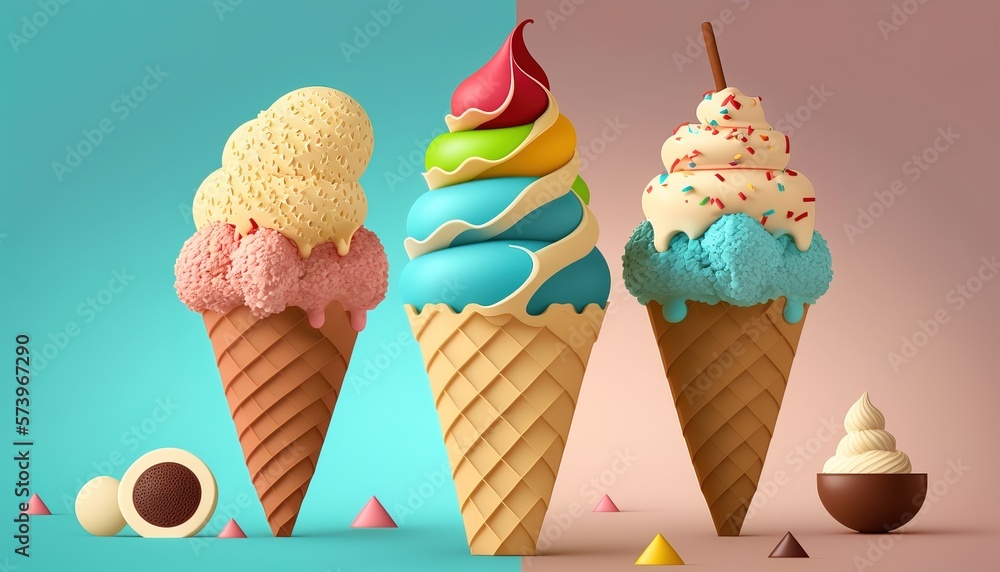Three ice cream cones with different flavors of ice cream in them with ...