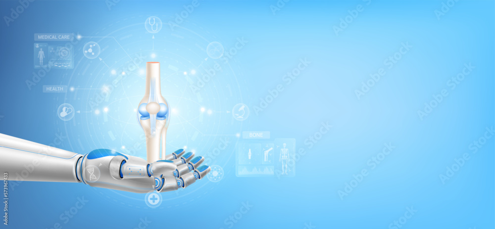Bone joint float away from in robot hand. Futuristic medical cybernetic ...