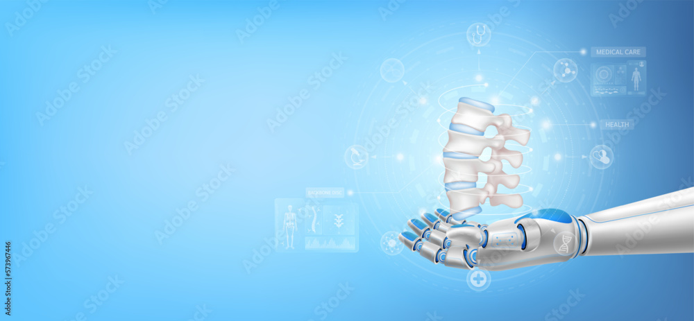 Spine bone disc float away from in robot hand. Futuristic medical ...