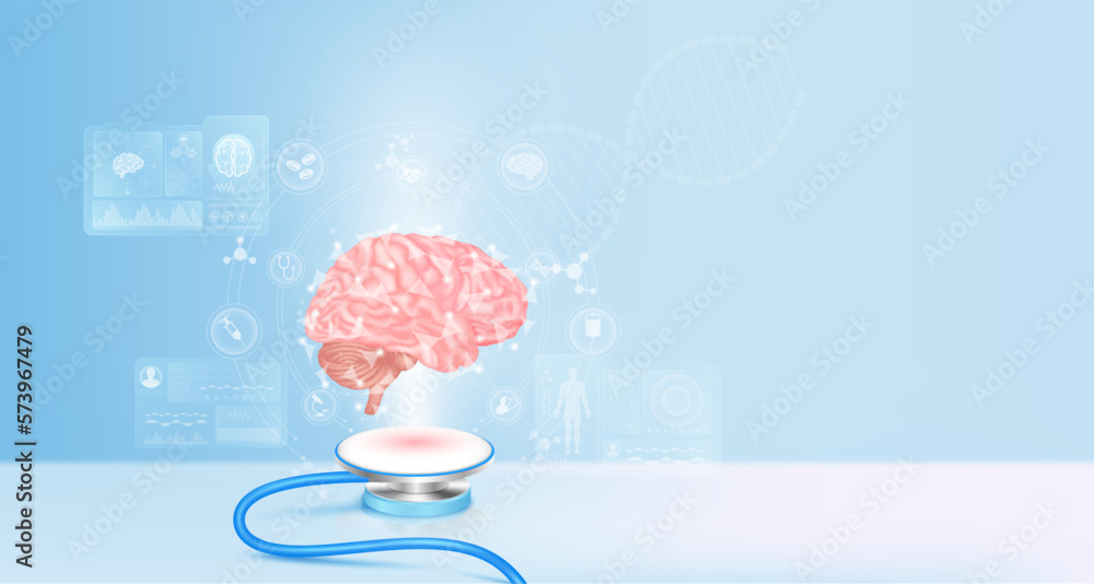 Brain float away from stethoscope. Medical icons Image virtual hologram ...