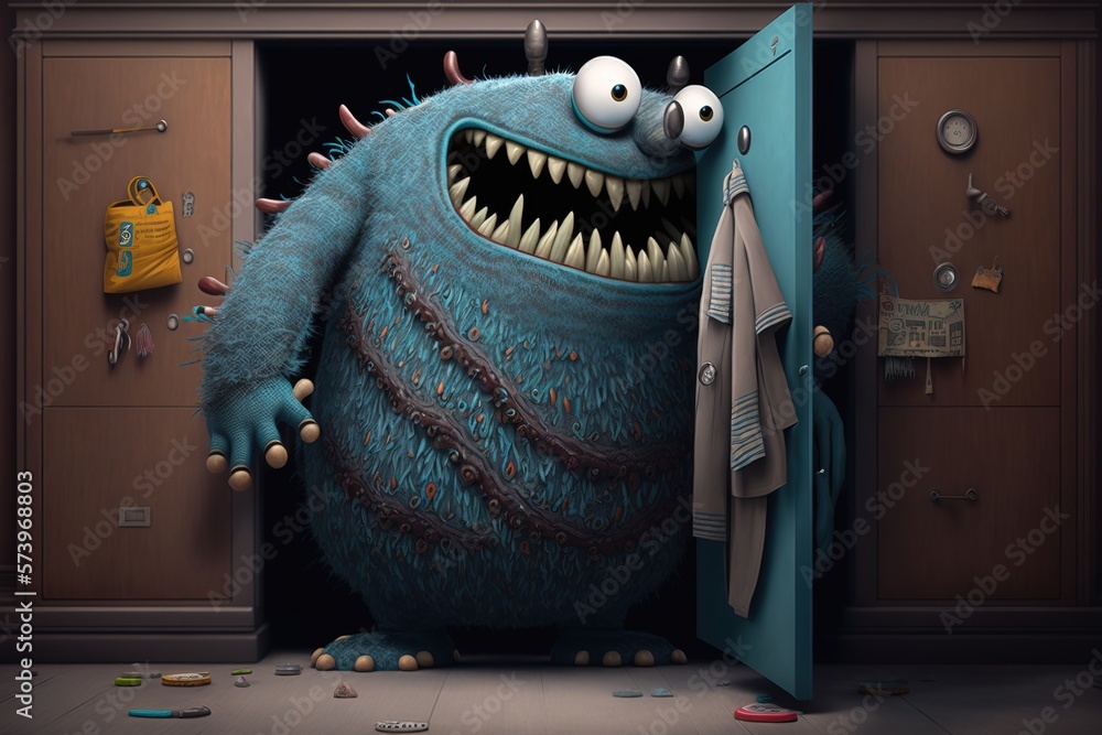 A cartoon monster is opening a door to a closet with a coat hanging on ...