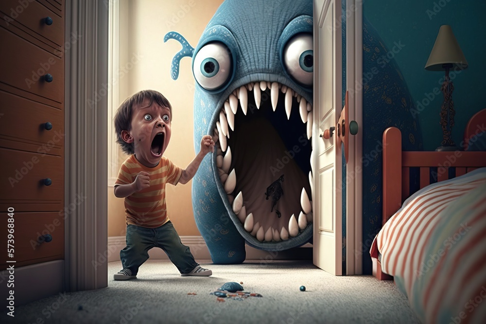 A young boy is yelling at a monster in a bedroom with a bed and dresser ...