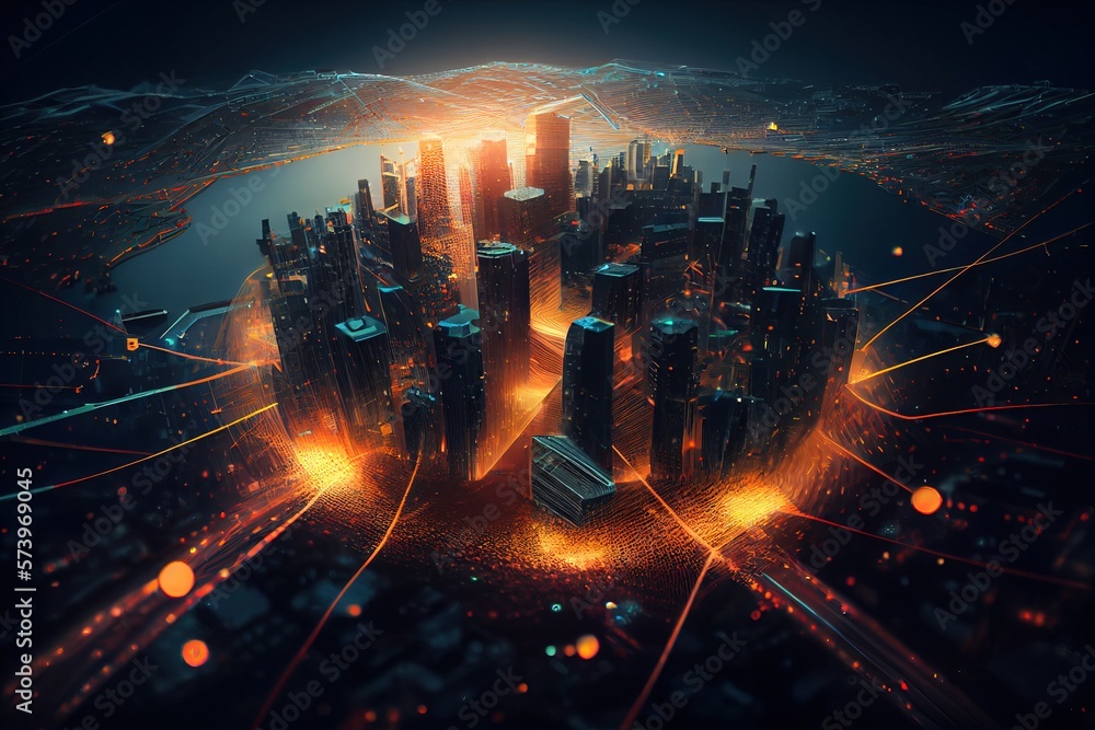 A futuristic city with a lot of lights and buildings in the middle of ...