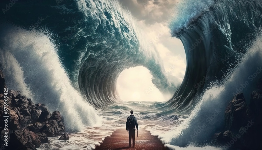 A man standing in front of a giant wave in the ocean with a man ...