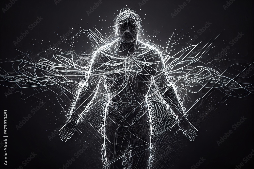 A man with his arms outstretched and his body drawn in lines and shapes ...