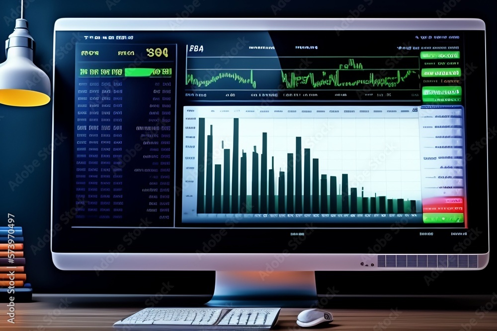 Trader workplace. Computer monitor with stock market charts on screen ...