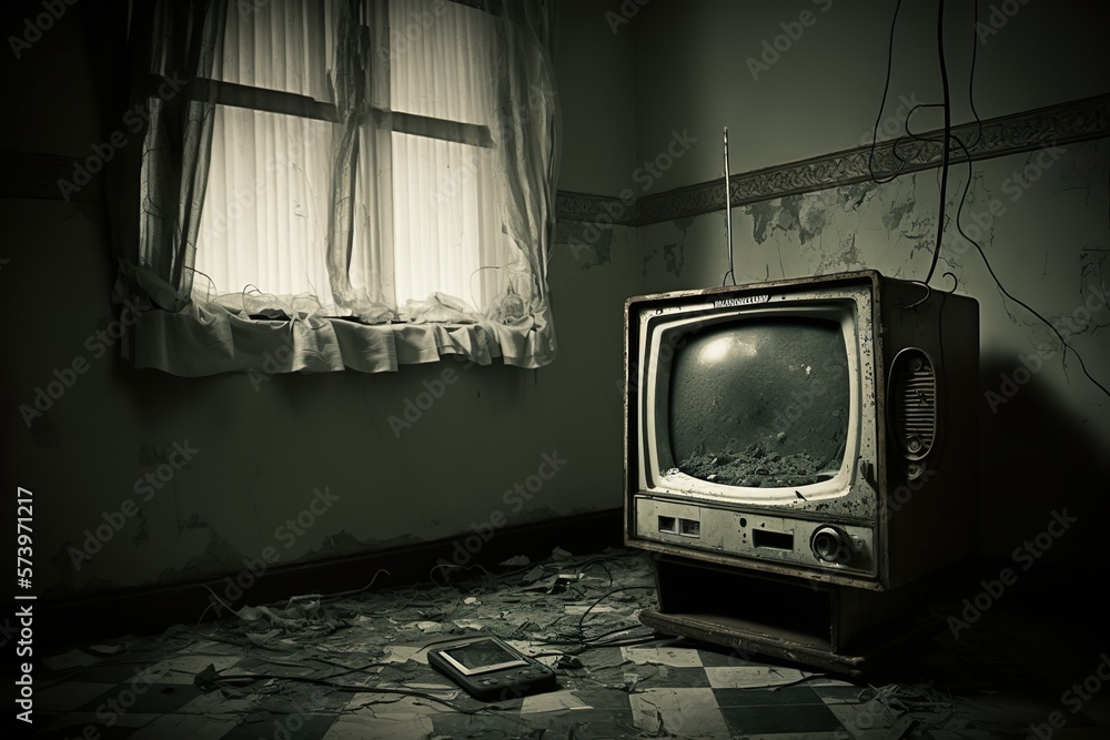Horror scary movie concept. Ghost on screen of vintage tv in haunted ...
