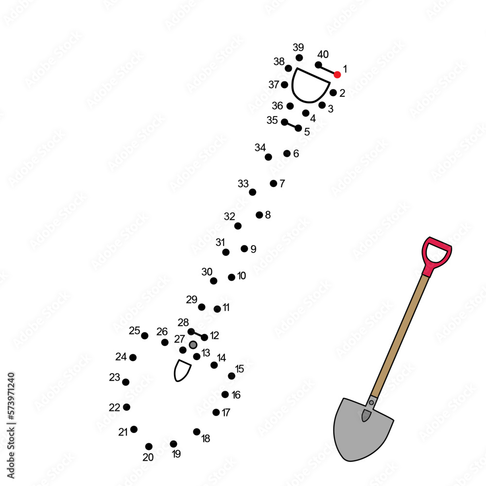 Dot to dot game with cartoon shovel with wooden handle. Connect the ...