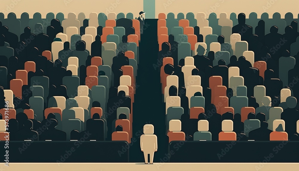 A man standing in front of a crowd of people in a movie theater with a ...