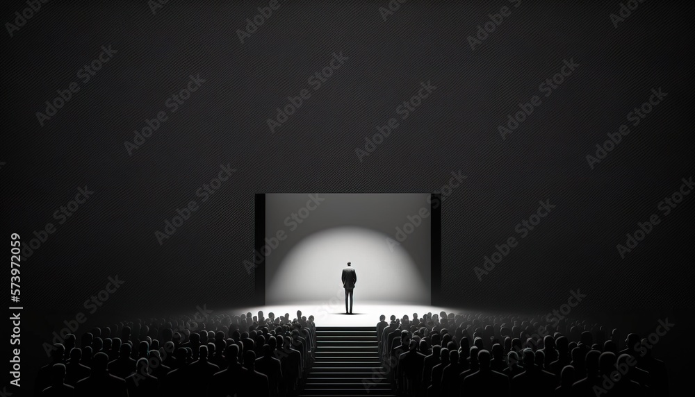 A man standing in front of a stage with a spotlight on it's wall ...