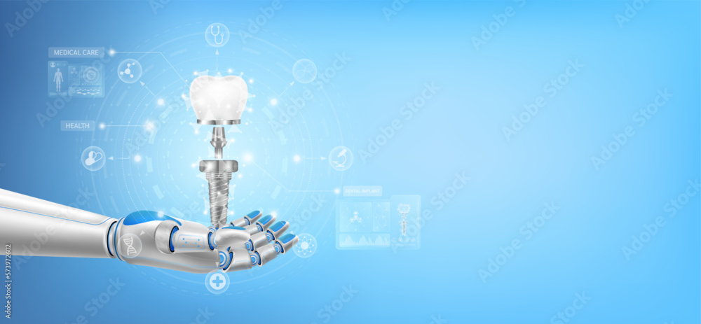 Tooth dental implant float away from in robot hand. Futuristic medical ...
