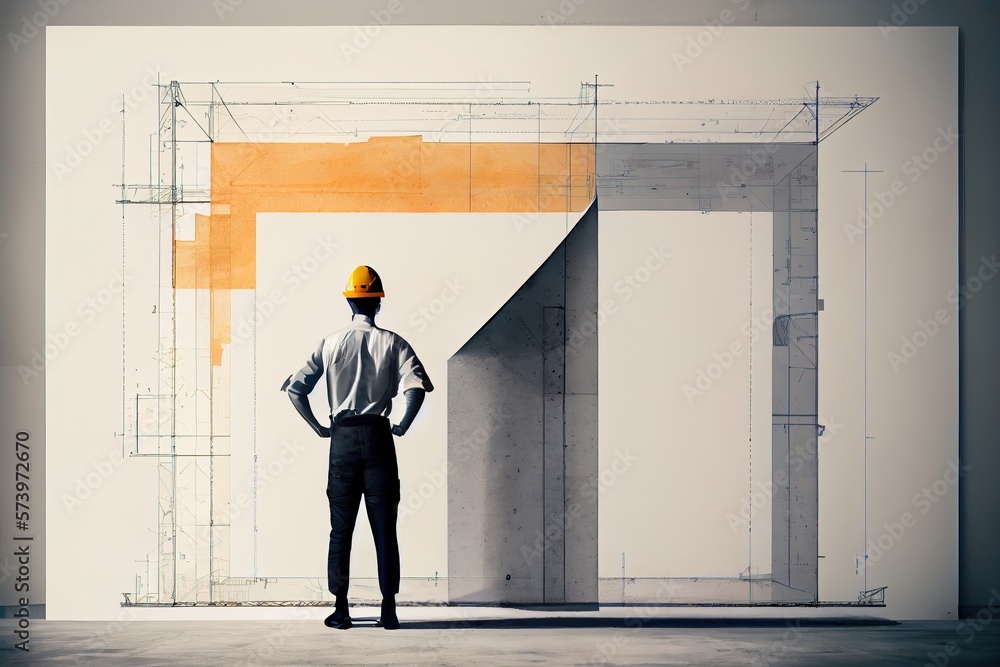 A man standing in front of a wall with a helmet on his head and a ...