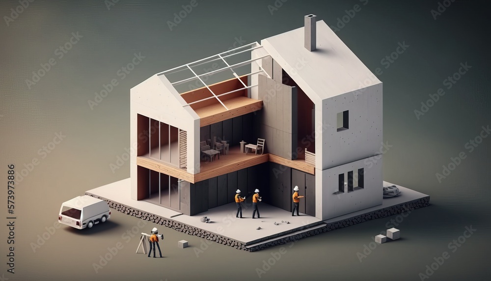 A model of a house with people standing outside of it and a van parked ...
