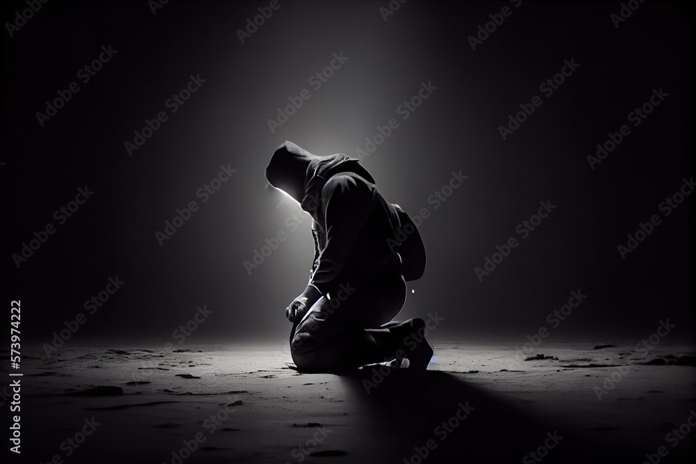 A man kneeling down in the dark with his head down and his hands in his ...