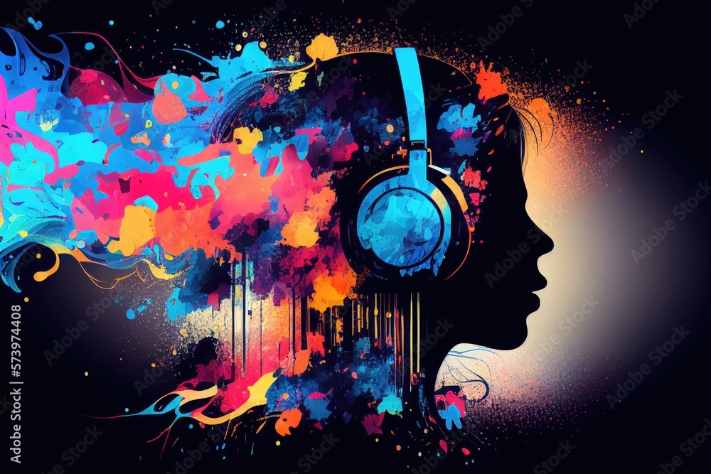 Abstract colorful female head wearing headphones and listening to music ...