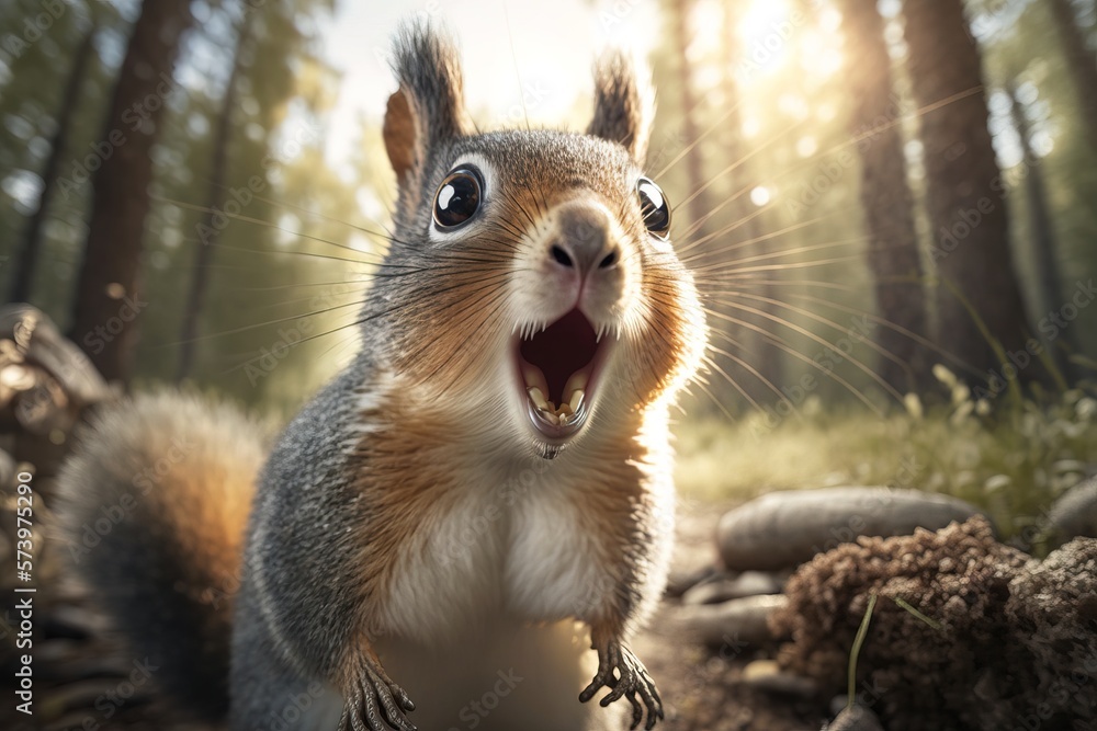 A squirrel is standing on its hind legs and screaming with its mouth open ultra realistic ...