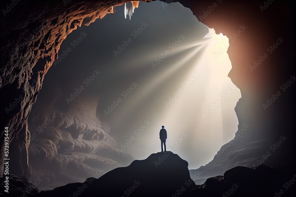 A man standing in a cave looking at the light coming through the cave ...