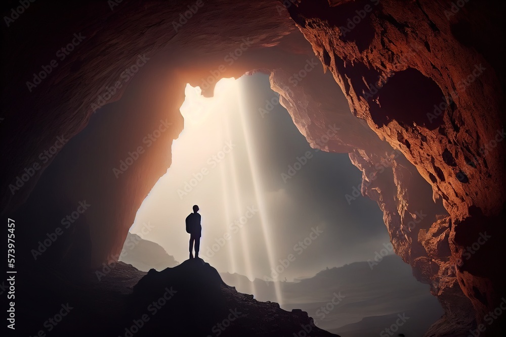 A man standing in a cave looking out at the light coming through the ...