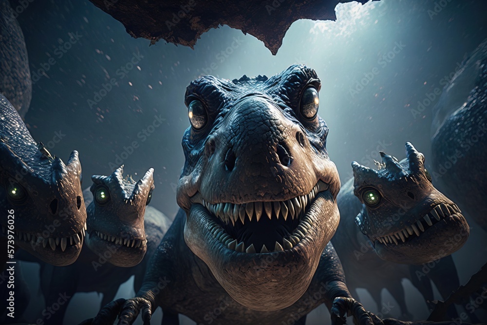 A group of dinosaurs with glowing eyes and mouths in a dark room with a ...