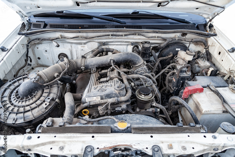 toyota hilux pickup engine compartment of an old Japanese car under an ...