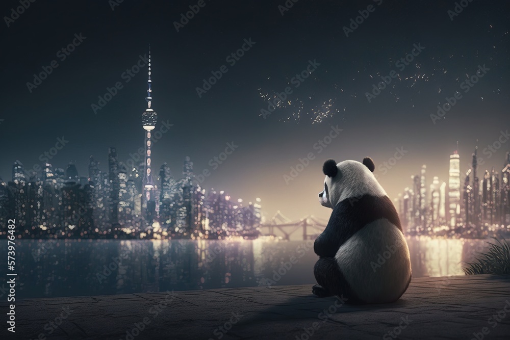 A panda bear sitting on a ledge in front of a city skyline at night ...