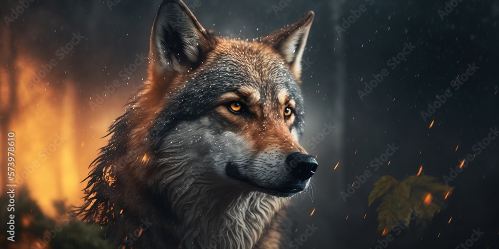 A wolf staring at something in the distance with a blurry background of ...