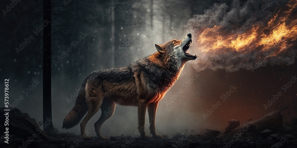 A wolf standing in the woods with its mouth open and a fire coming out ...