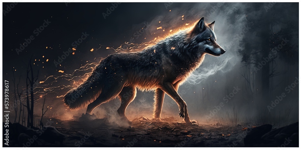 A wolf standing in the middle of a forest with a lot of fire coming out ...