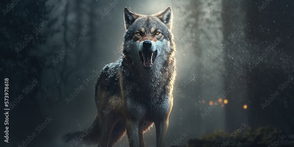 A wolf standing in the middle of a forest with its mouth open and it's ...