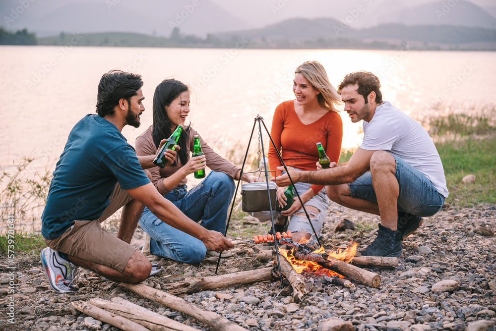 Happy friends meeting at campground, Group of diverse people enjoy ...