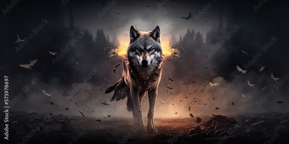 A wolf with a lot of birds flying around it in the dark night sky with ...