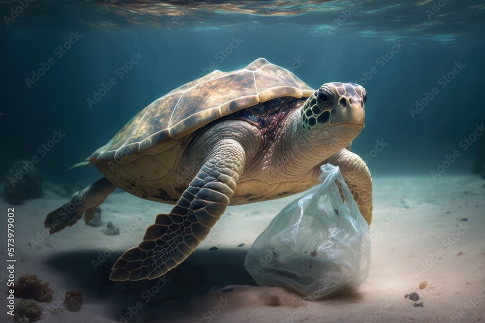 turtle swimming with a plastic bag stuck on it. Plastic pollution in ...