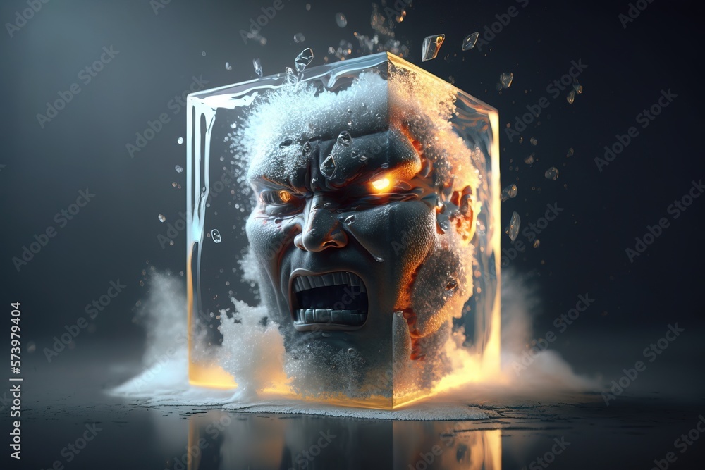 A cube with a face and flames coming out of it with a man's face in the ...