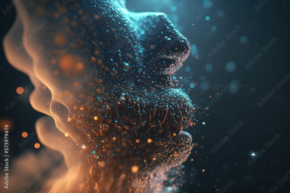 A woman's face with a lot of bubbles coming out of it and a blue ...