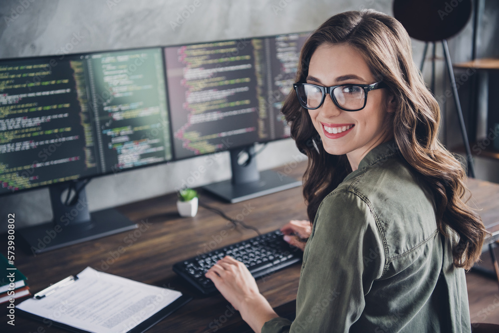 Poster Profile photo of positive smart hardware expert girl sitting ...