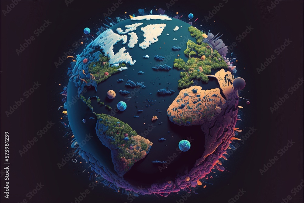 A digital painting of the earth with a lot of different objects around ...
