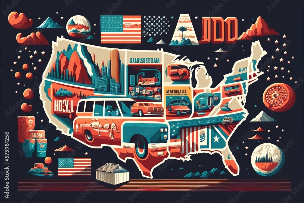 A poster of the united states with a map of the united states and the ...