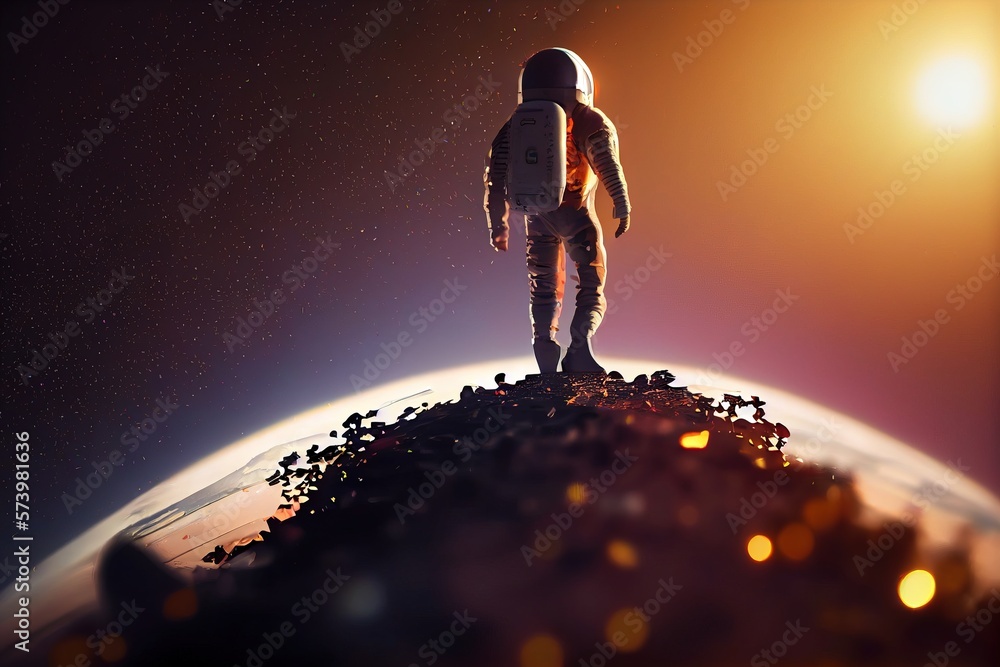 A man standing on top of a pile of rocks in the sun with a space suit ...