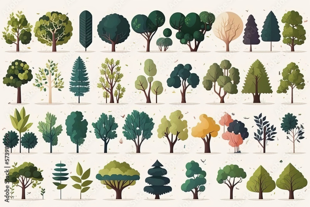 A collection of trees and shrubs in various stages of growth and stages ...