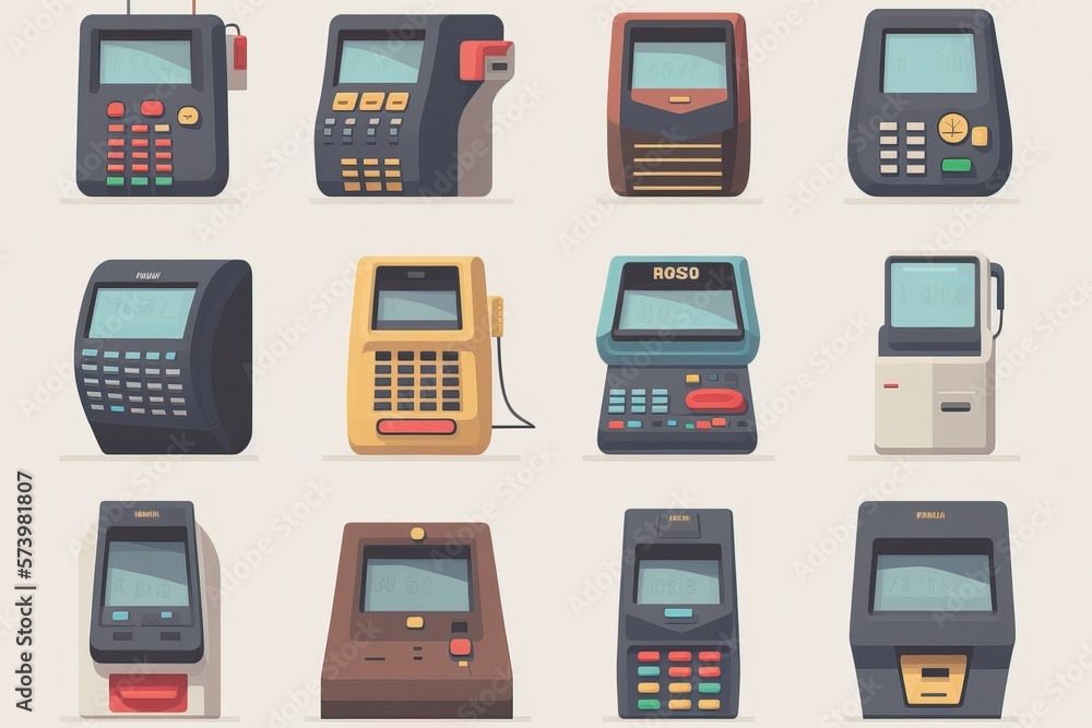 A bunch of different types of atm machines on a white background with a ...