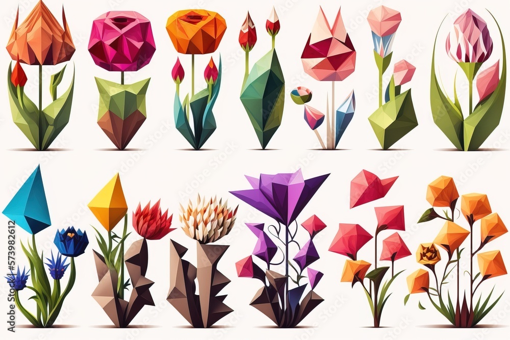 A set of low poly flowers and plants with leaves and stems all in ...