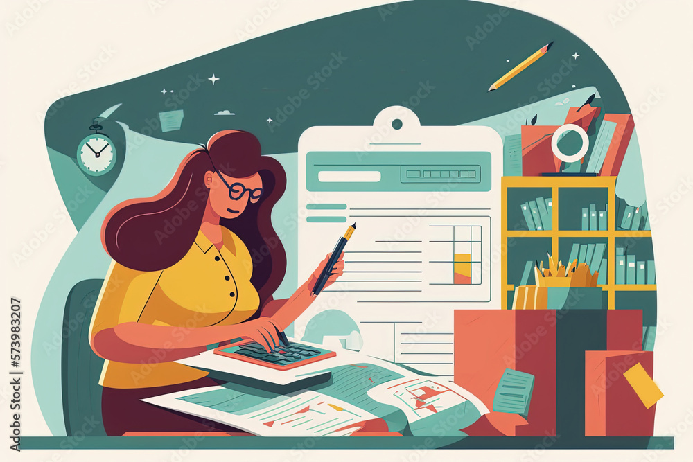 Woman fills out a paper form of a tax declaration, manage personal ...