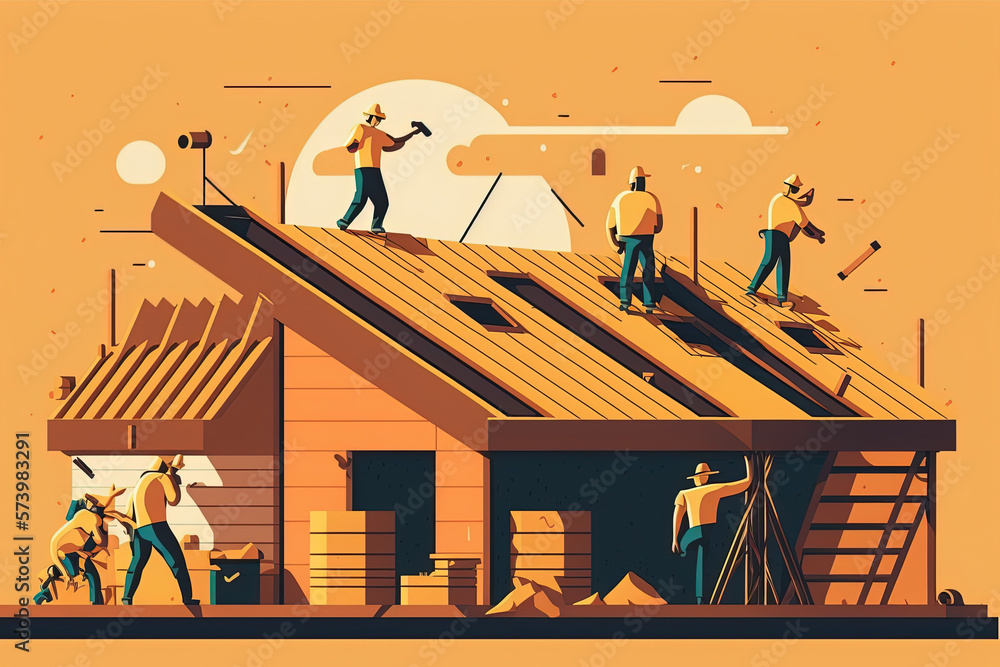 Team of construction workers building, restoring and renovated house ...