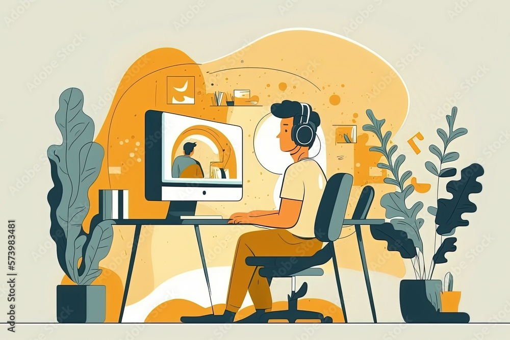 Freelance graphic designer look at computer screen, creates digital ...