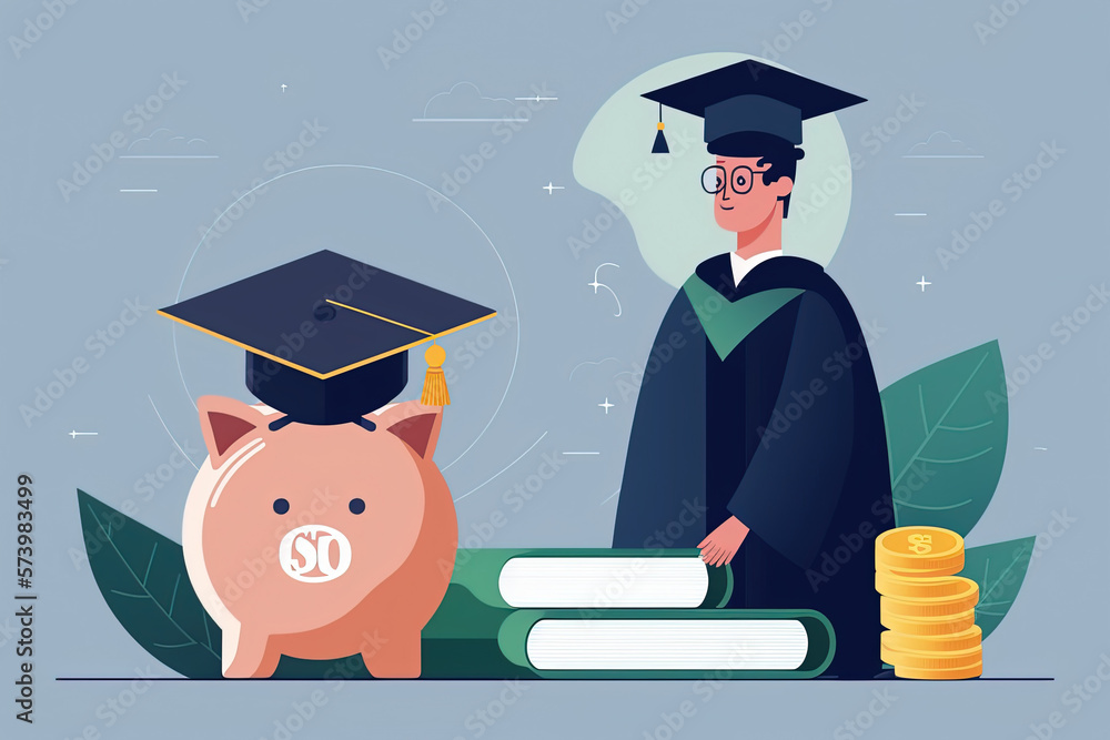 Happy undergraduate student and piggy bank in mortarboard cap graduated ...