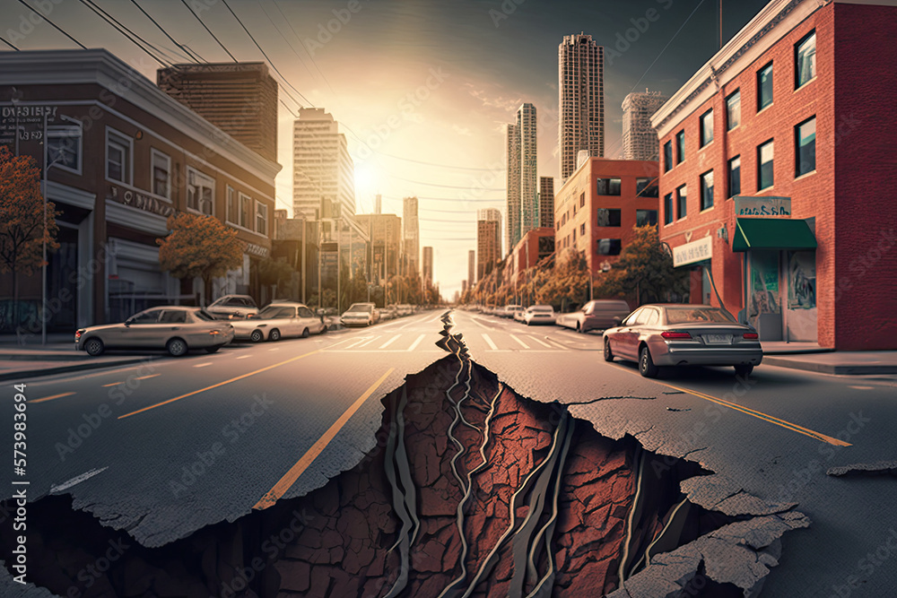 City earthquake with cracking earth and crashed buildings. An ...