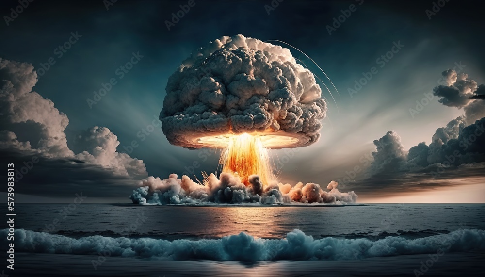 Futuristic nuclear explosion on sea, future, war, neon colors, dark ...