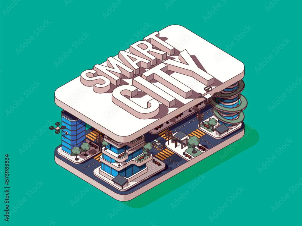 Smart city concept in 3d isometric graphic design. Abstract future city ...