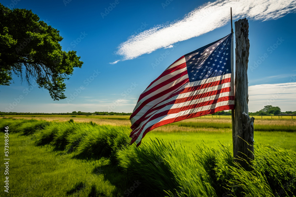 American Flag Landscape | In a lush green field, the American flag ...