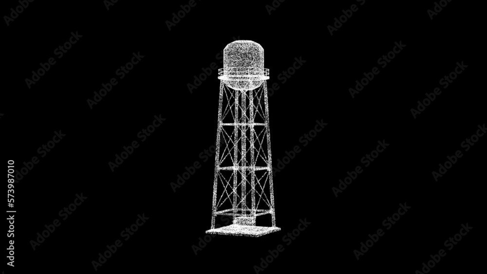 3D water tower rotates on black bg. Object dissolved white flickering ...